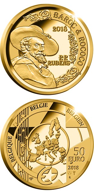 Gold 50 euro coins. The 50 euro coin series from Belgium